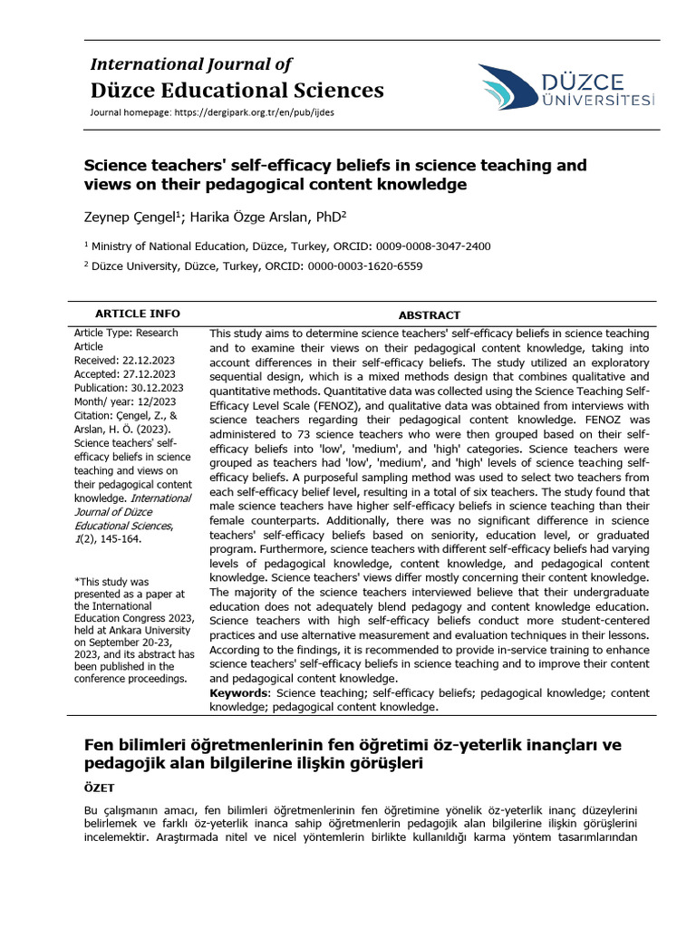 Science Teachers' Self-efficacy Beliefs in Science Teaching and Views on Their Pedagogical ...