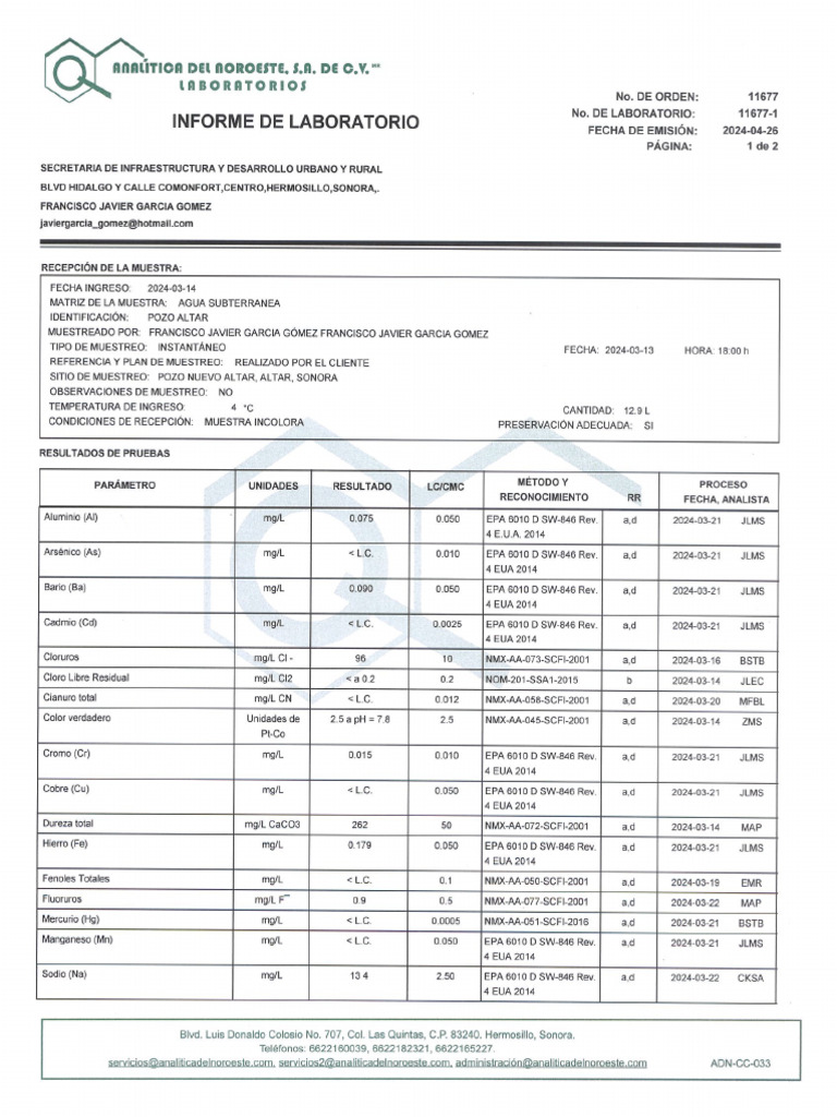 Sria de Infraestructura - 04262024104604 Analisis Agua Altar | PDF