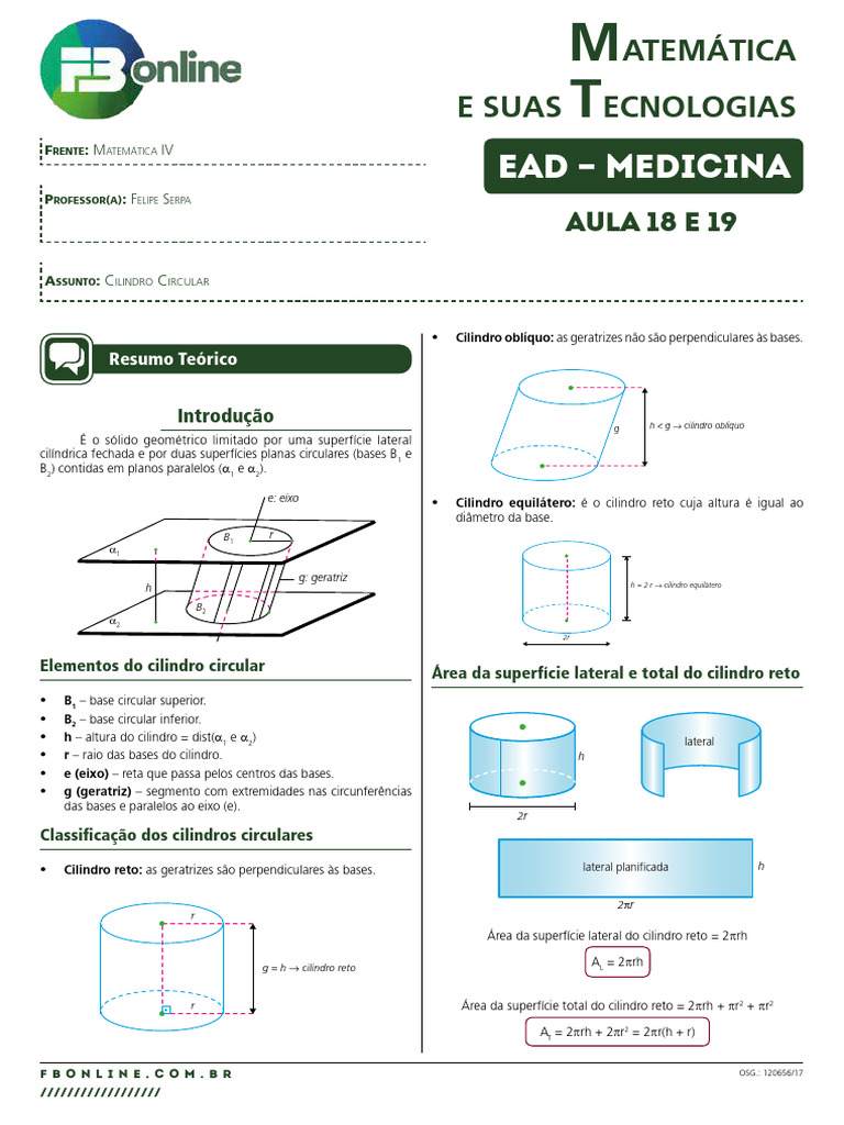 Cilindro Circular: Teoria e Exercícios | PDF