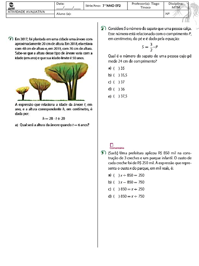 TRABALHO 7º ANO AGOSTO - AV1 - 3º BIMESTRE | PDF
