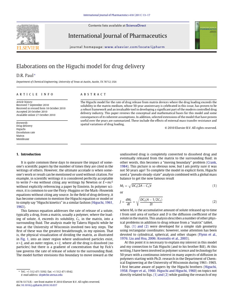 Elaborations On The Higuchi Model For Drug Delivery | PDF | Physical ...
