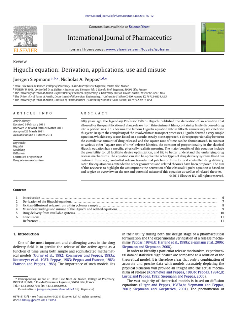 Higuchi Equation - Derivation, Applications, Use and Misuse | PDF ...