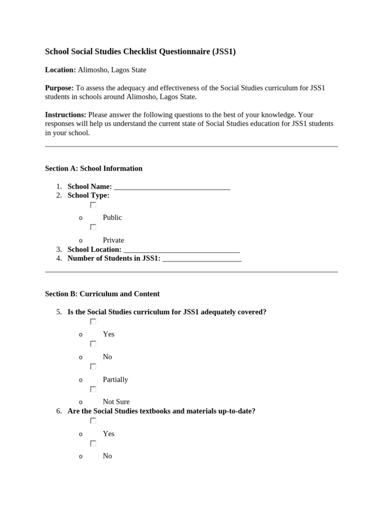 School Social Studies Checklist Questionnaire | PDF | Teaching Method ...