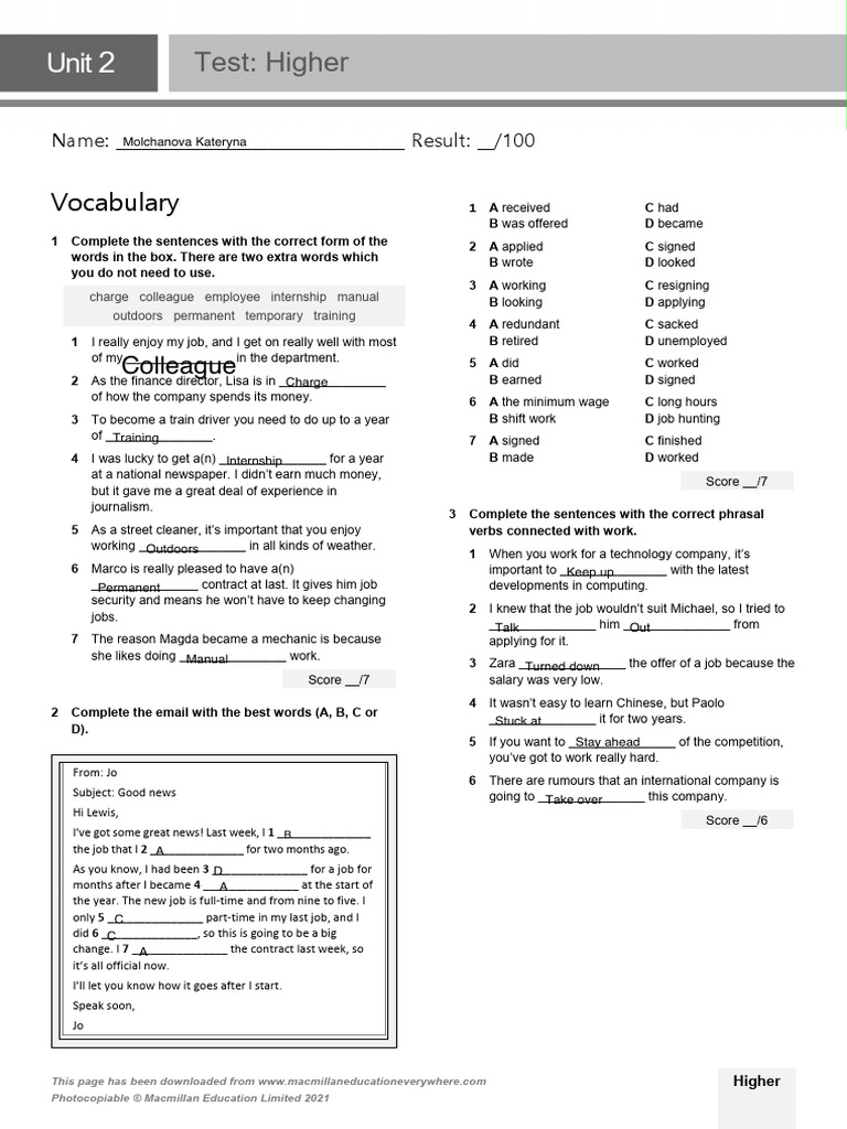Level5 U2 Higher Test | PDF