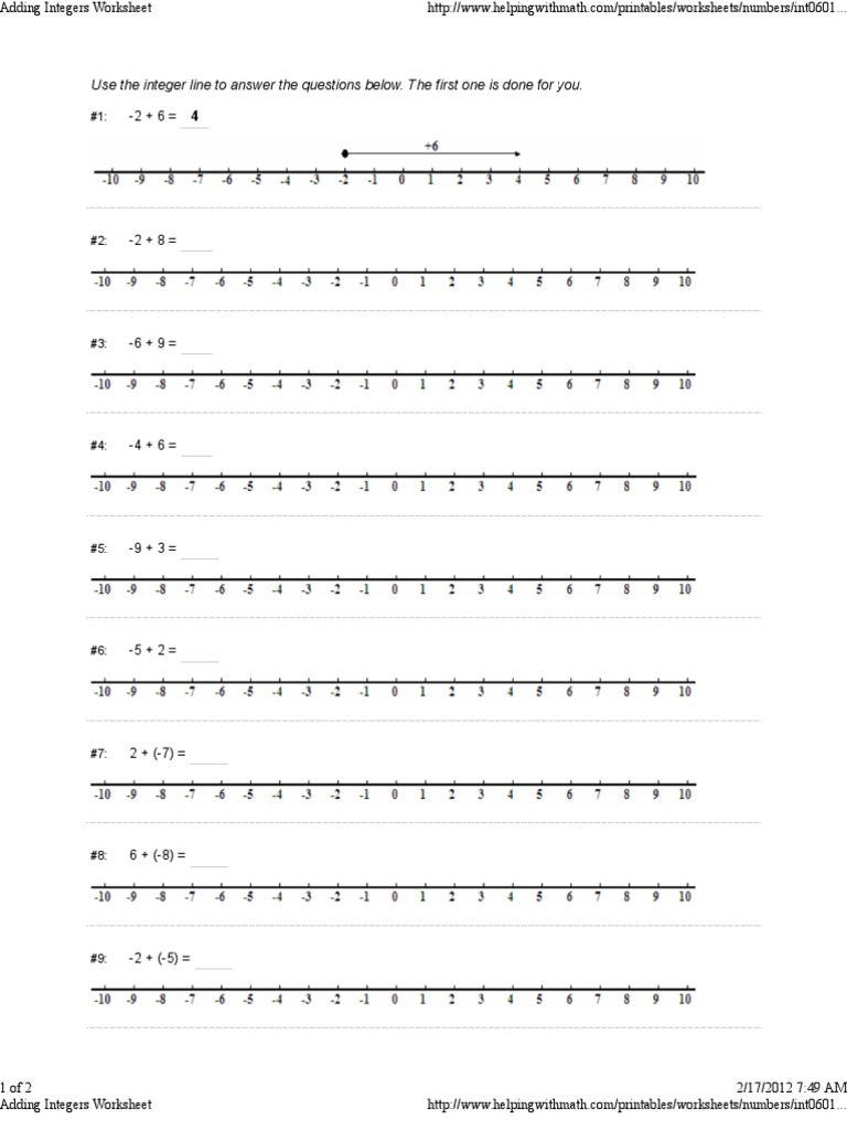 Adding Integers Worksheet PDF