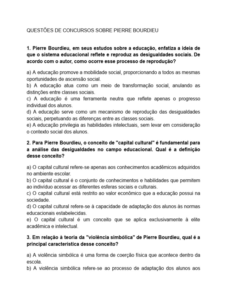 Questões de Concursos Sobre Pierre Bourdieu | PDF | Sociologia | Desigualdade social
