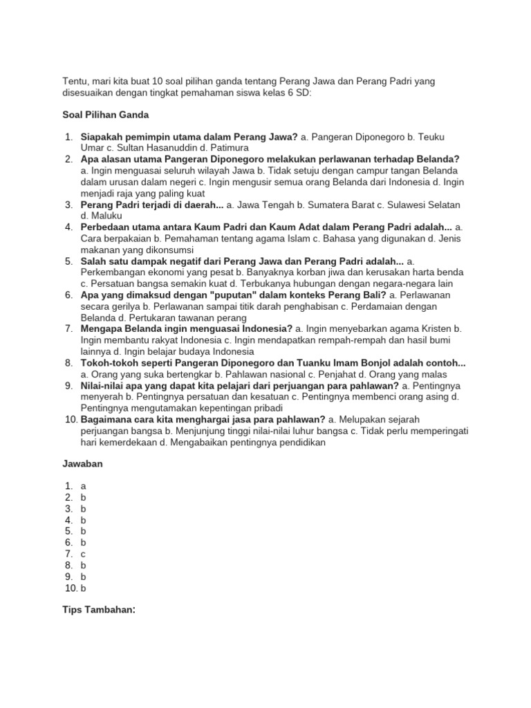 Soal Perang Padri untuk Kelas 6 SD | PDF
