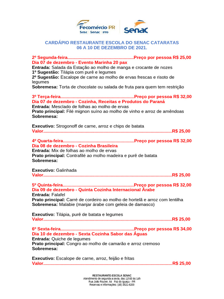 Cardapio foz senac 06 a 10 de dezembro (1) (1) | PDF | Comidas e ...