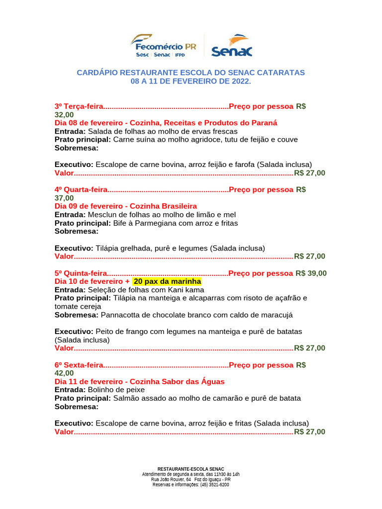 Cardapio foz senac 08 a 11 de fevereiro | PDF