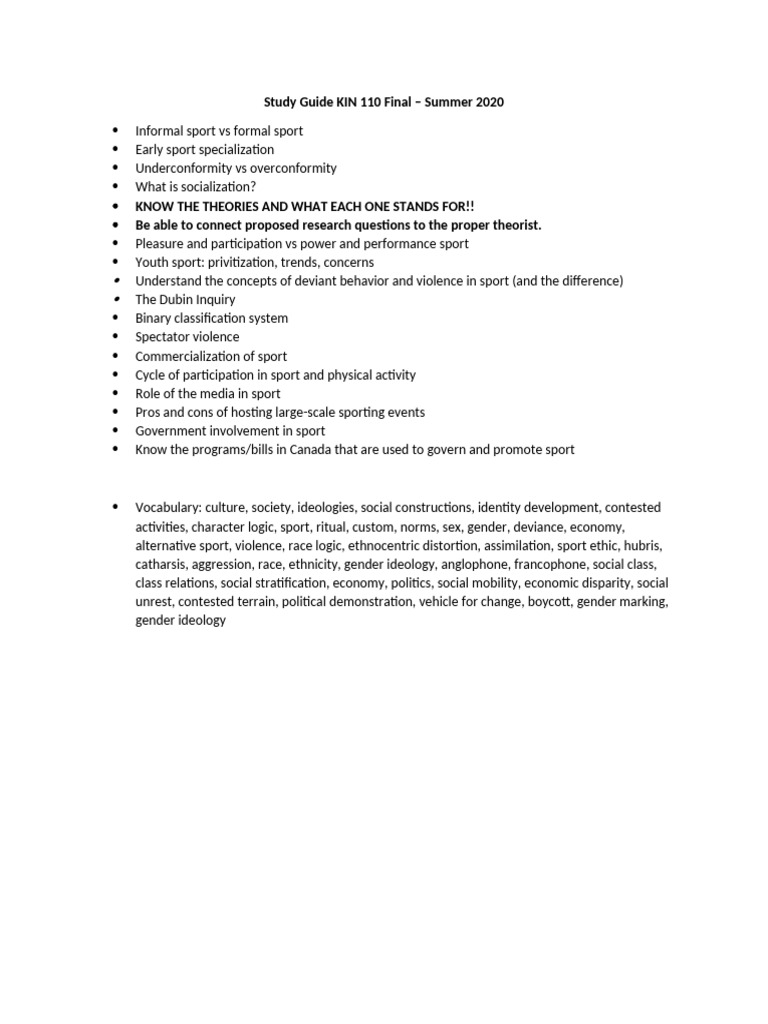 Study Guide KIN 110 Final Summer 2020 | PDF