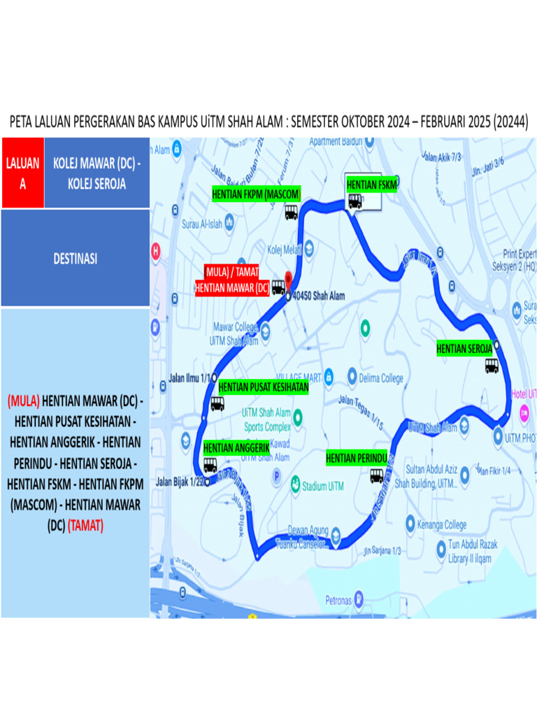 PETA LALUAN BAS KAMPUS UiTM SHAH ALAM - SEMESTER OKTOBER 2024 - FEBRUARI 2025 | PDF