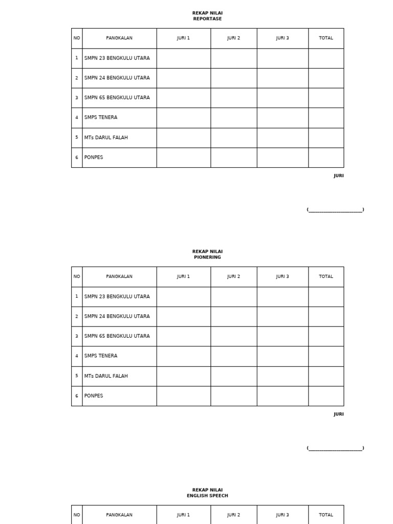 Rekap Nilai Lomba Sekolah | PDF