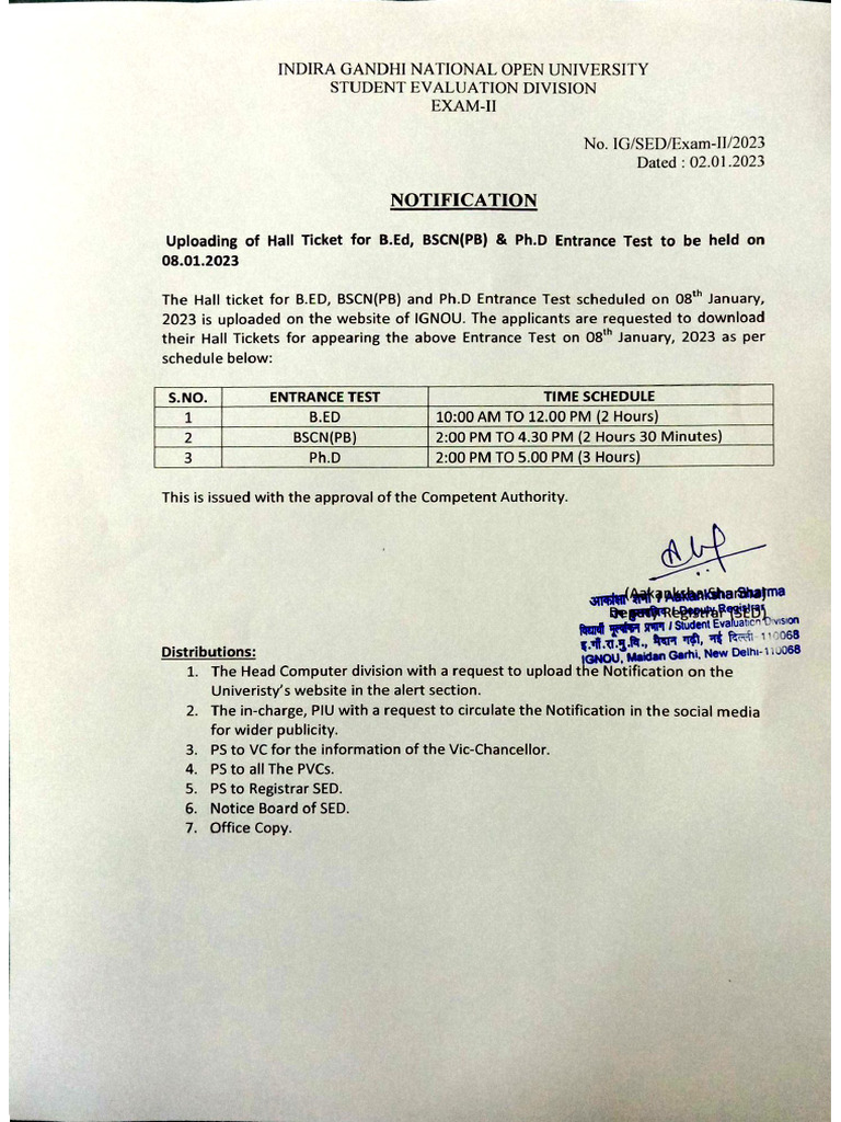 Notification For Bed BSCN and PHD Entrane Test | PDF