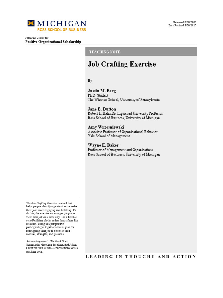 Job Crafting Exercise Teaching Note Aug 101 | PDF | Motivation ...