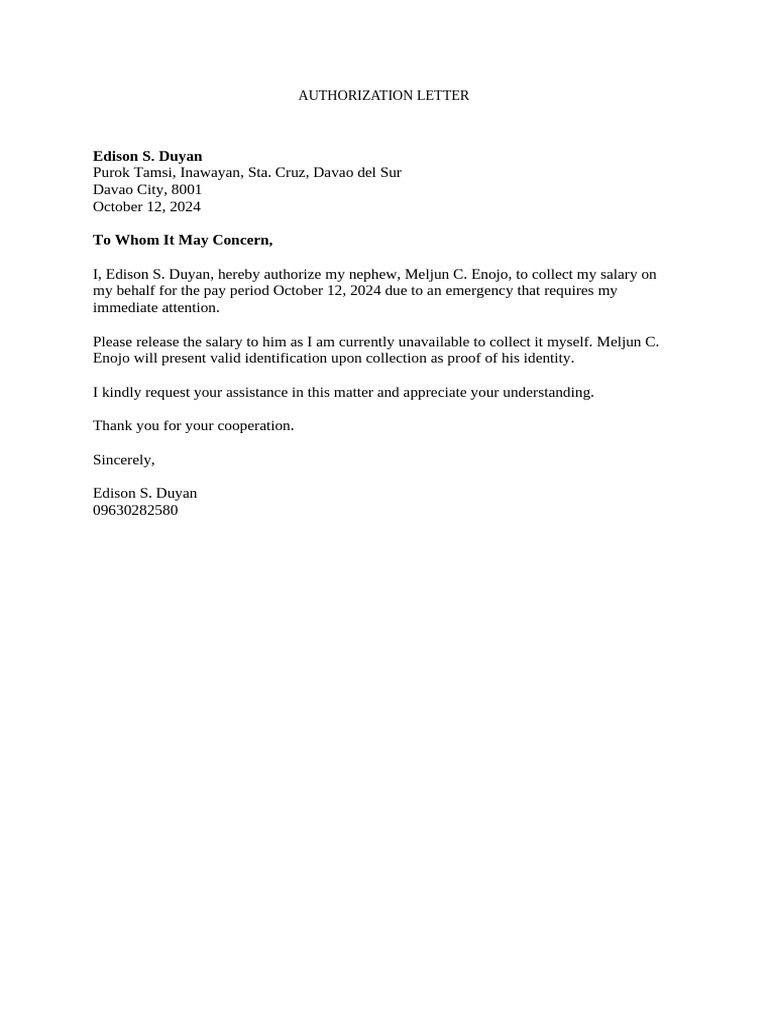 Salary Collection Authorization Letter | PDF