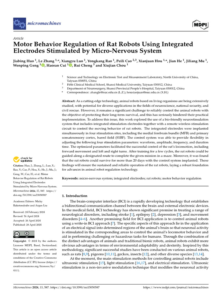 Motor Behavior Regulation of Rat Robots Using Integrated Electrodes Stimulated by Micro-Nervous ...