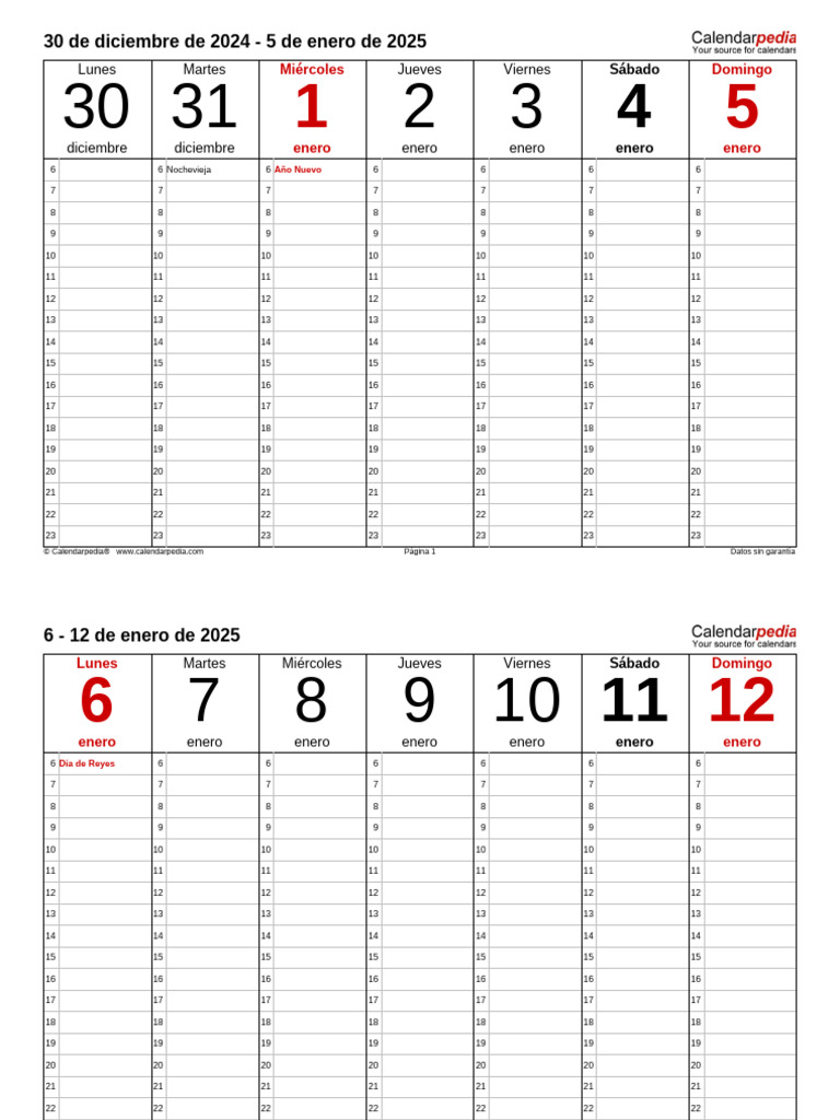 Calendario Semanal 2025 Horizontal Horario | PDF | Días festivos ...