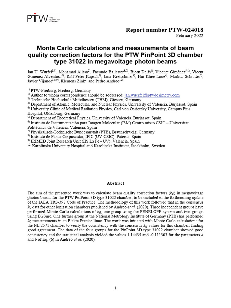 Beam Quality Factors for PTW 31022 Chamber | PDF | Monte Carlo Method ...
