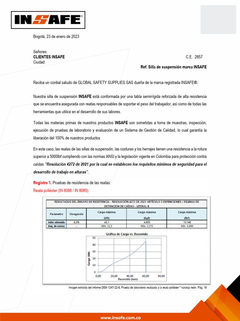 Silla de Suspensión INSAFE: Certificaciones y Seguridad | PDF