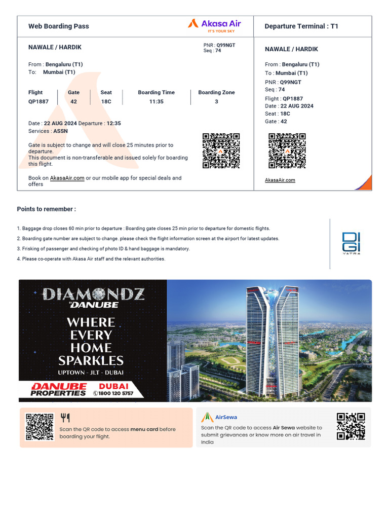Akasa Air E-Boarding Pass - Q99NGT - Hardik | PDF