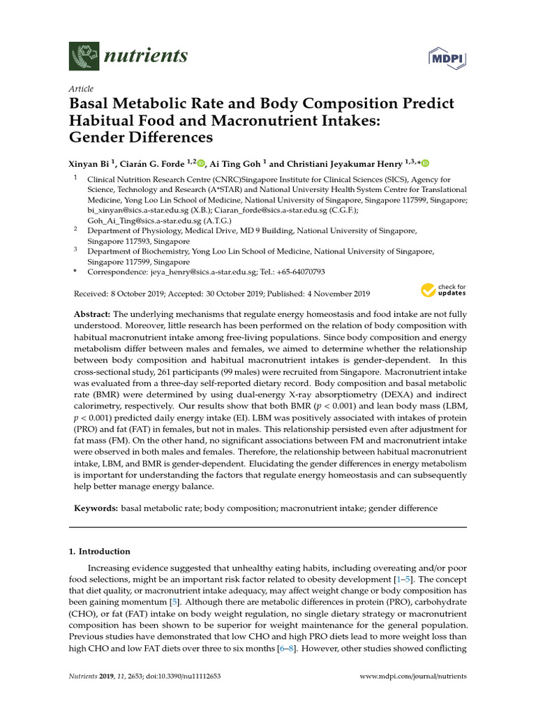 BMR, Food, Body Comp Between Gender | PDF | Nutrients | Physiology