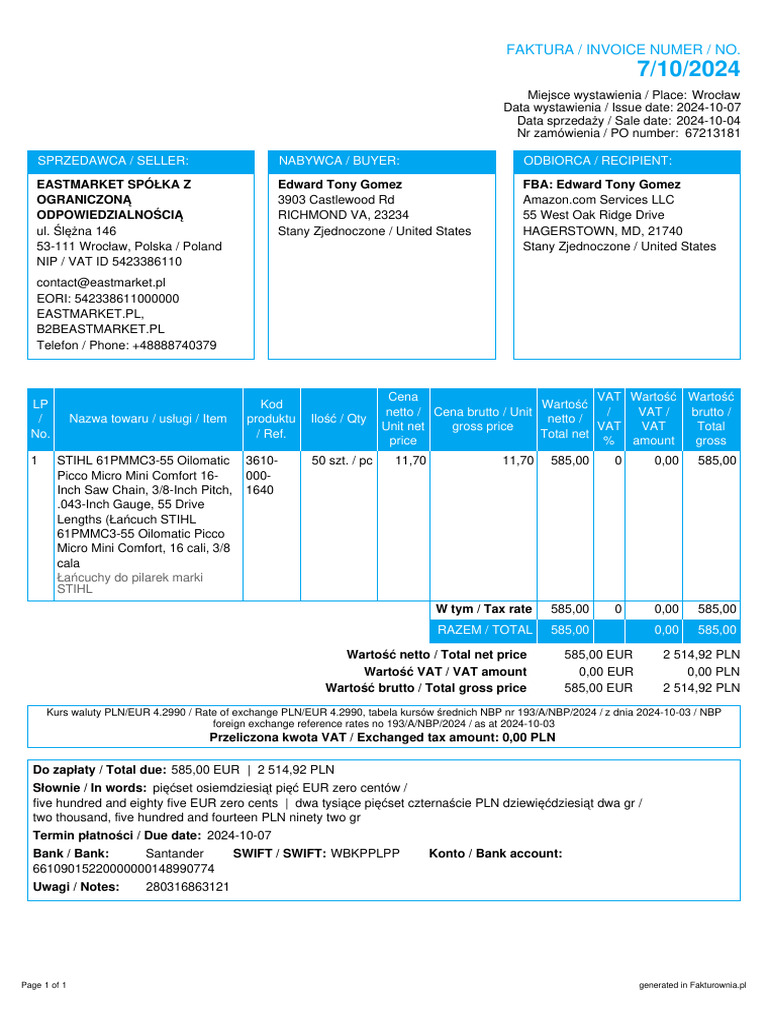 Faktura Invoice 7 10 2024 | PDF