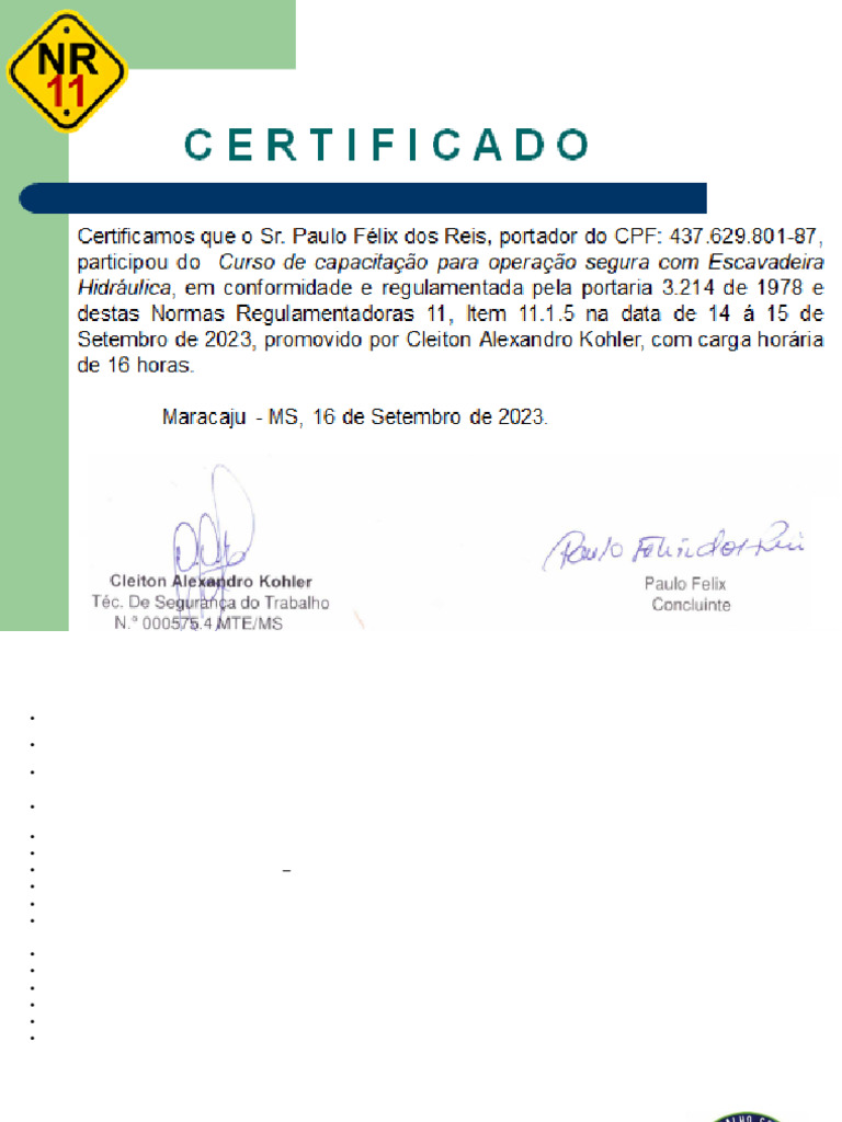 Certificado NR 11 - Paulo Flix | PDF