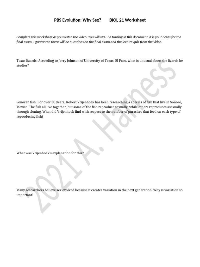 PBS Evolution: Why Sex? Worksheet | PDF