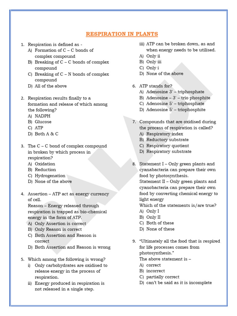 XI CH - 14 Respiration in Plants MCQs.. and Rest 4 Chaps | PDF ...