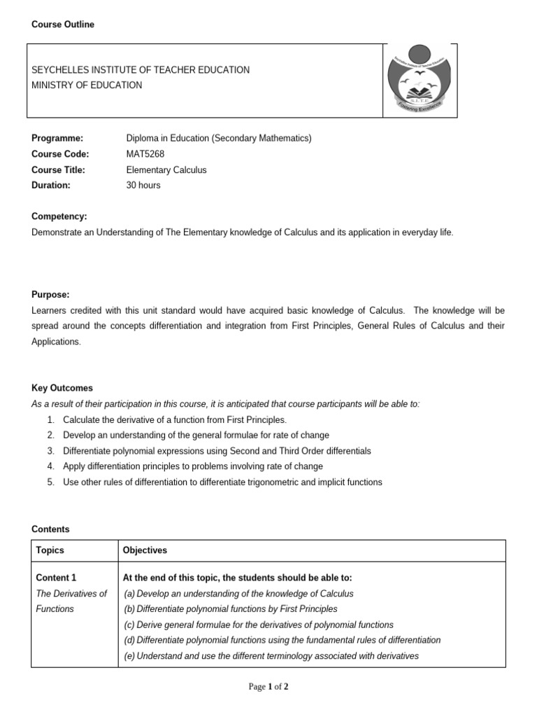 MAT5268 - Course Outline | PDF | Derivative | Differential Calculus