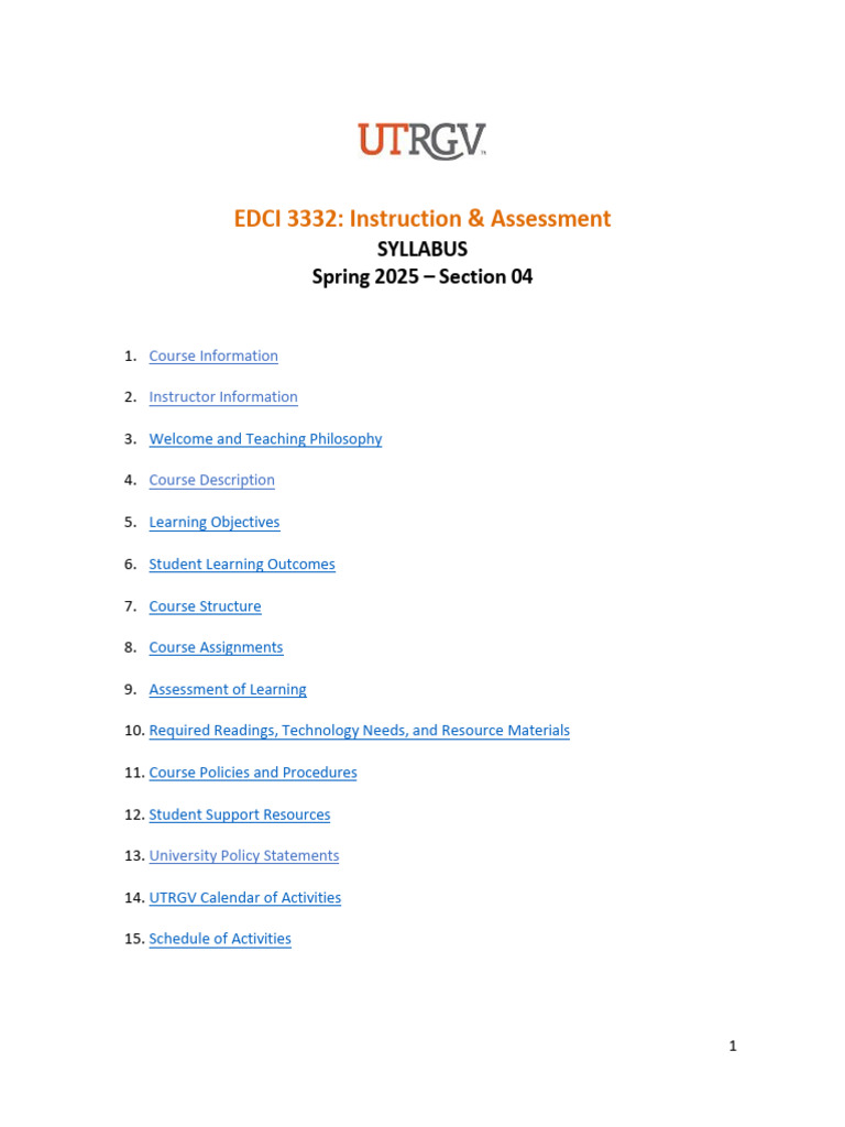 EDCI 3332 - Syllabus - Spring 2025 - Section04 (1) - 2 | PDF | Teachers ...