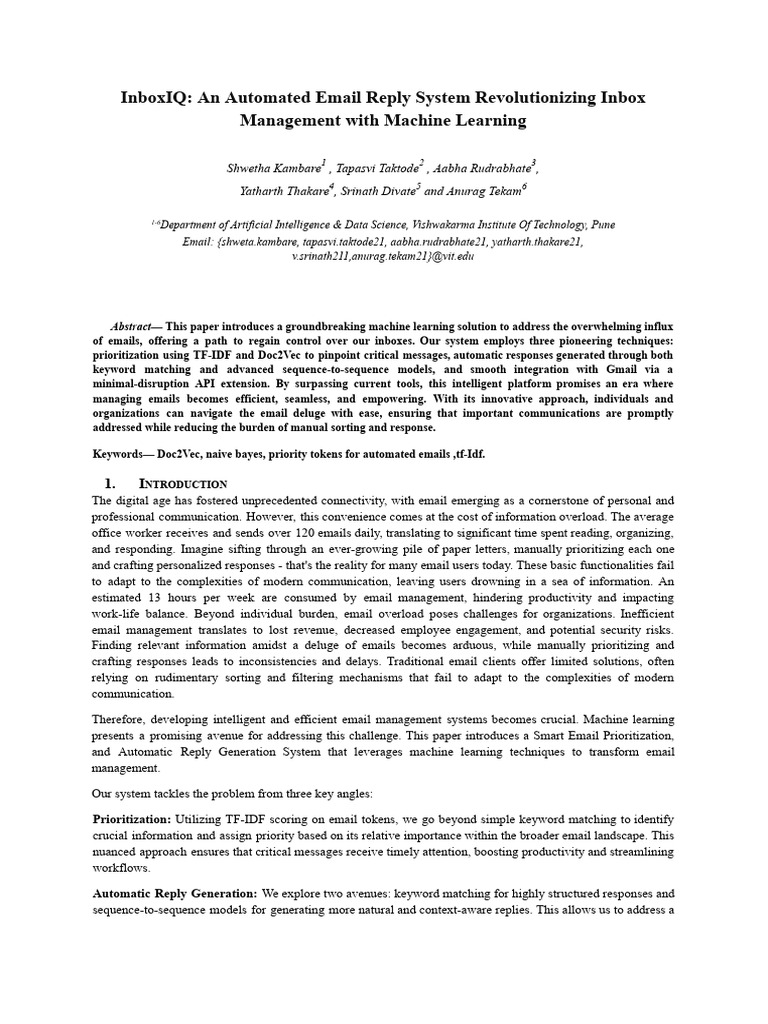 InboxIQ - An Automated Email Reply System Revolutionizing Inbox Management With Machine Learning ...