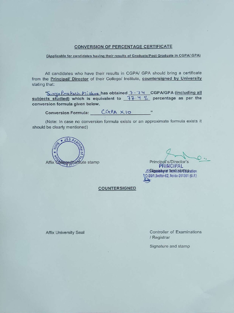 CGPA Conversion Certificate | PDF