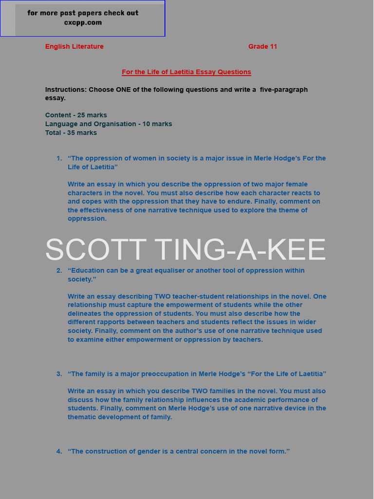 For The Life of Laetitia Essay Questions-458B9 | PDF | Essays | Social ...