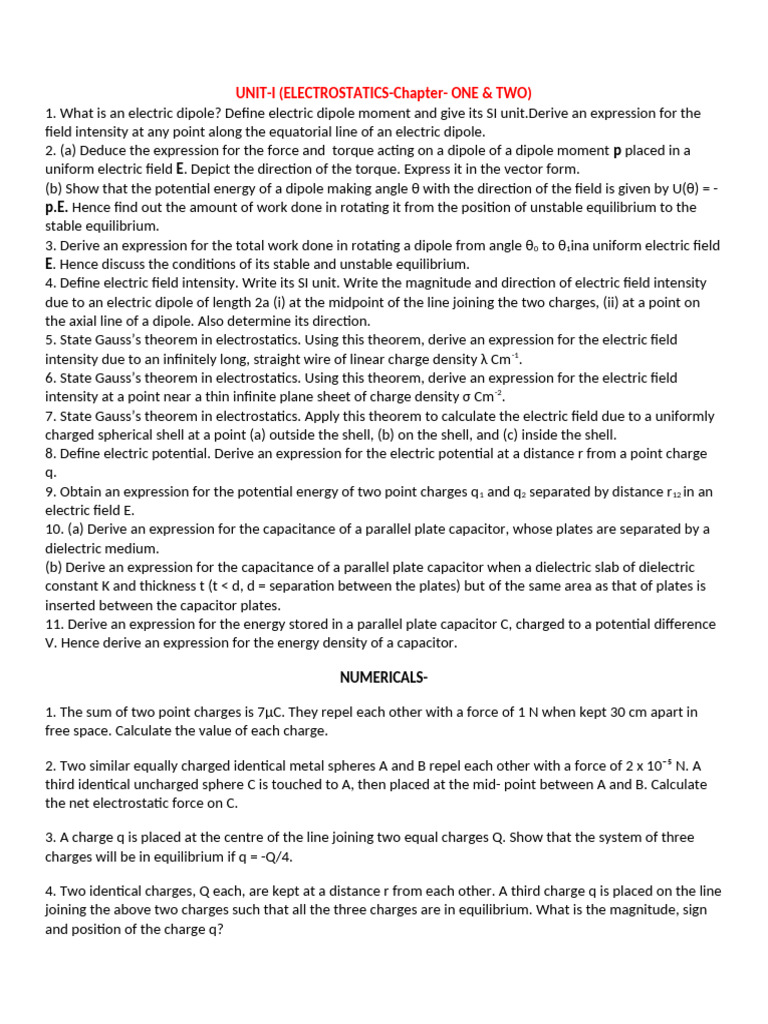 12 Sci - Physics-Imp - Ques. (Electrostatics Unit-I) | PDF | Electric ...