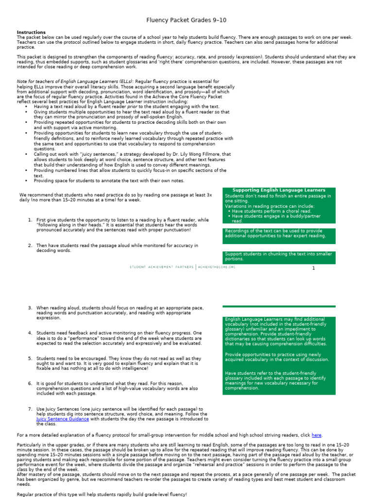 Fluency Packet 9-10 | PDF | Reading Comprehension | Fluency