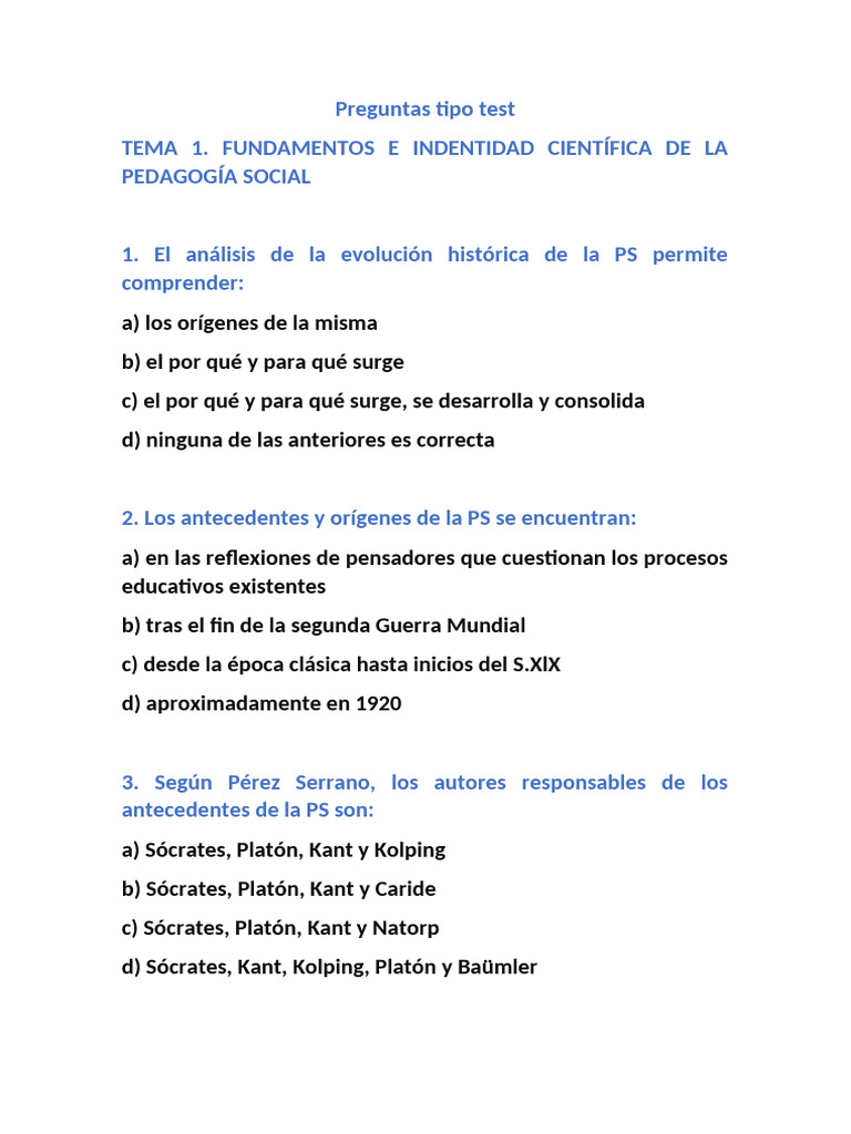 Preguntas Tipo Test Tema 1 | PDF | Pedagogía | Immanuel Kant