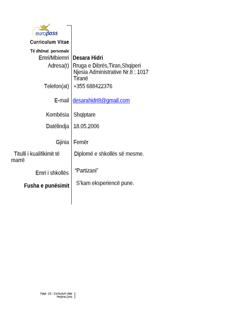 CV Shembull Shqip | PDF