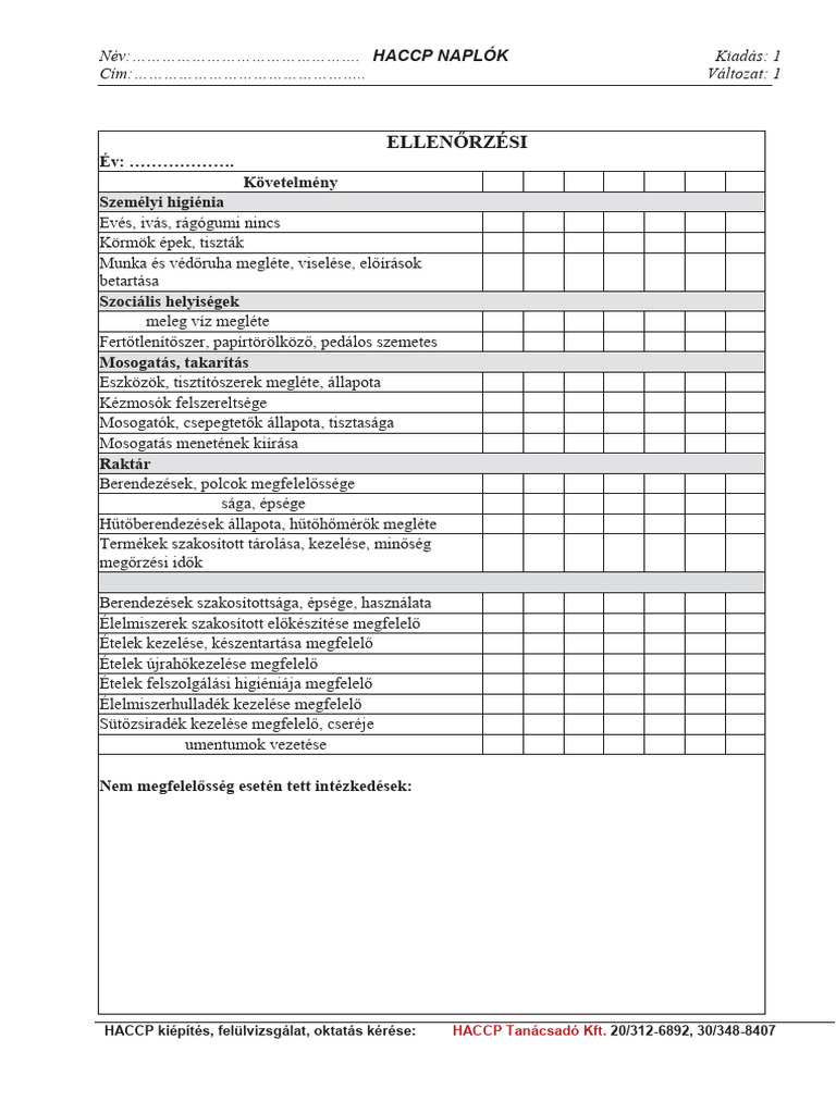 Vendeglatoipari Haccp Naplok Nyomtat | PDF