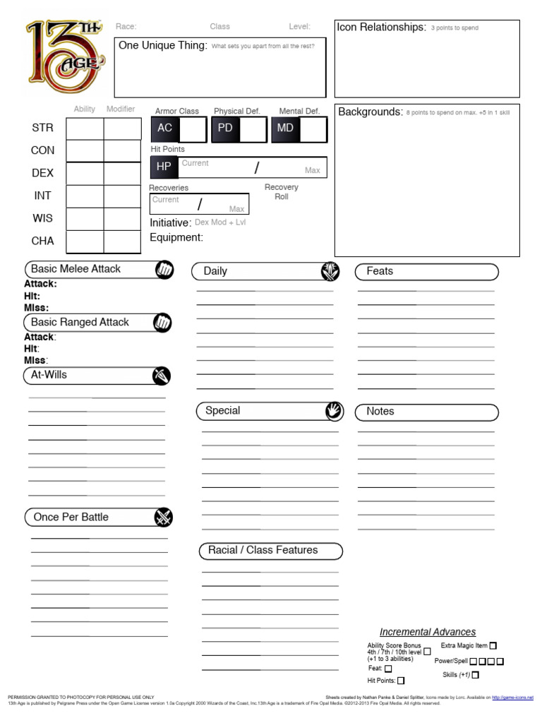13th Age Character Sheet Blank | PDF | D20 System | Fantasy Role Playing Games