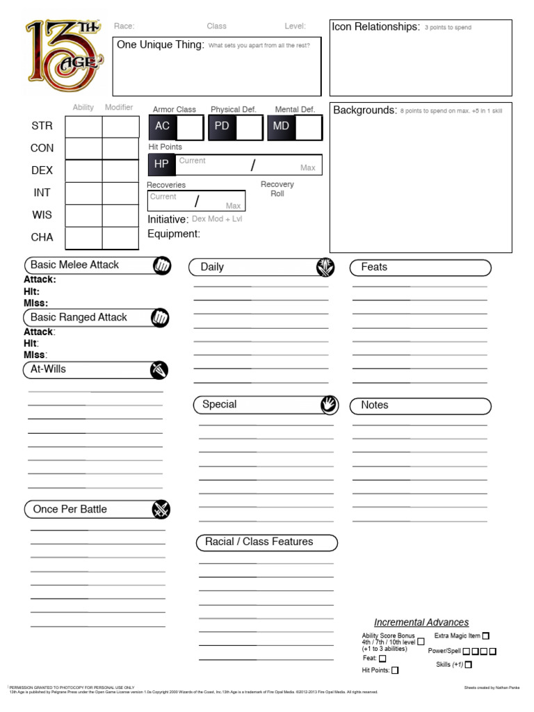 Form Fill 13th Age Character Sheet | PDF | Tabletop Games | Entertainment