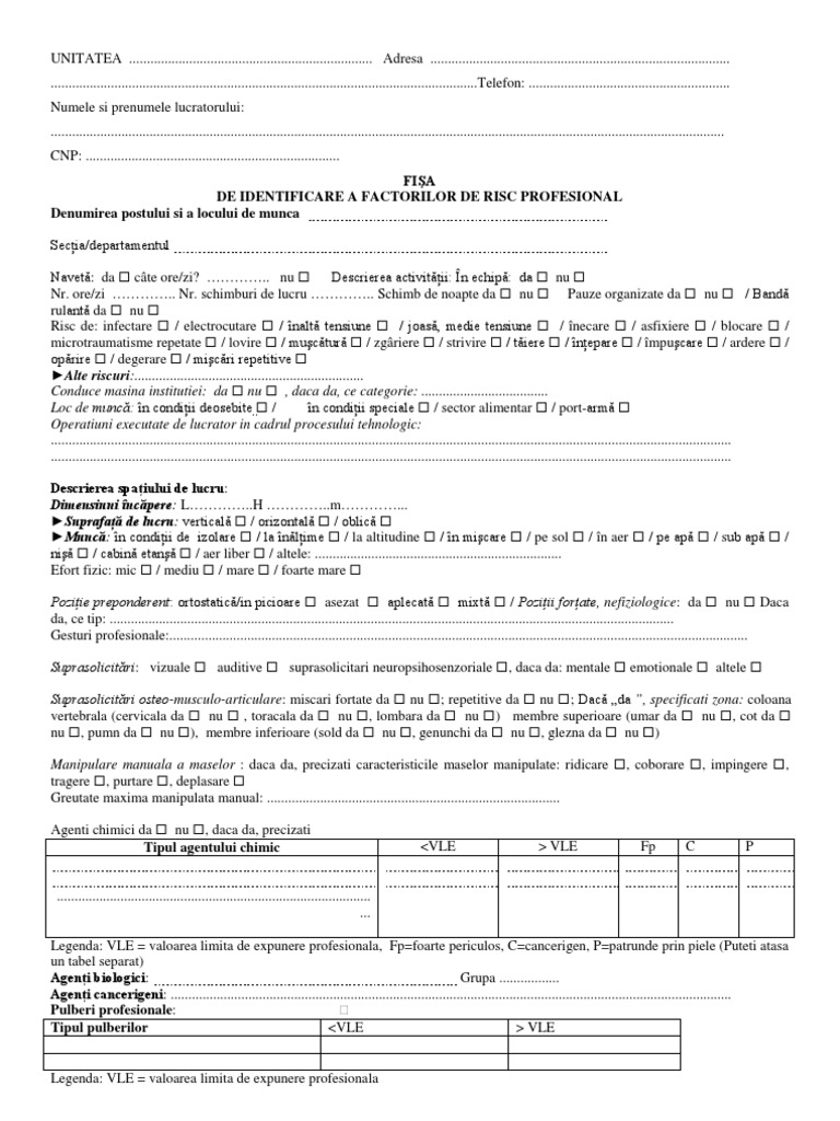 Fisa de Identificare a Factorilor de Risc Profesional