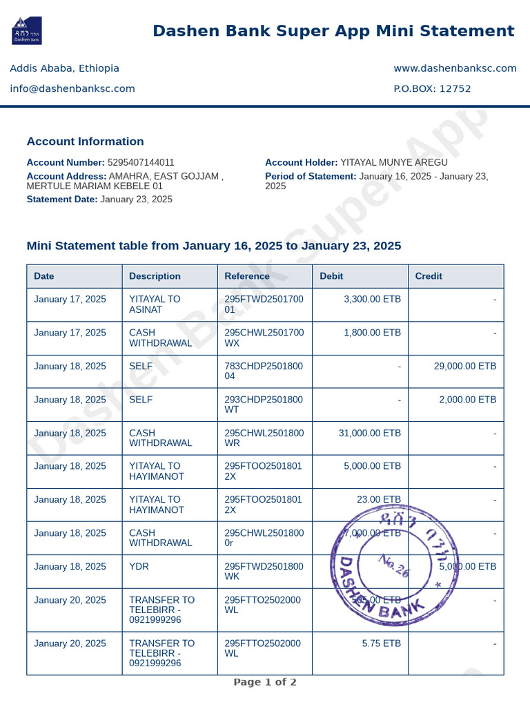 Dashen Bank Mini Statement Summary | PDF | Debits And Credits | Service ...
