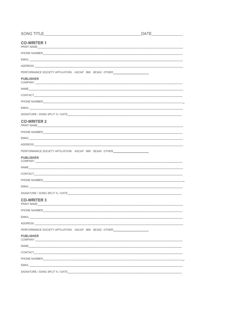Song Split Sheet for 5 Writers | PDF