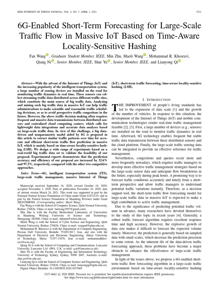 6G-Enabled Short-Term Forecasting For Large-Scale Traffic Flow in Massive IoT Based On Time ...