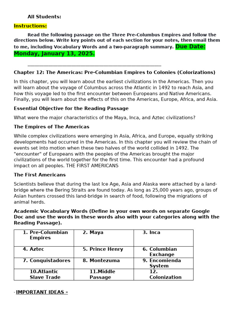A 4 and 5 Day Student. The Americas - Pre-Columbus Empires To Colonies ...