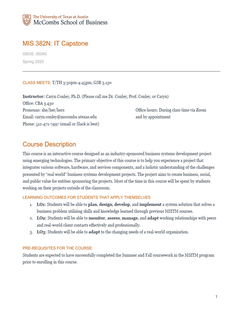Spring 2025 MIS 382N Capstone Syllabus | PDF | Cognition