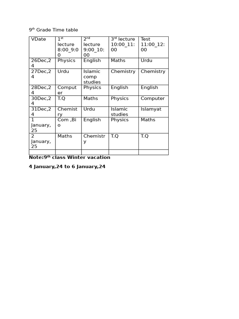 9th Grade Winter Timetable 2024 | PDF