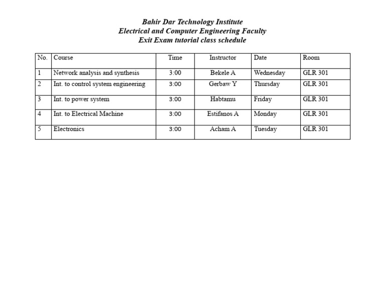 Exit Exam Tutorial Class Schedule | PDF