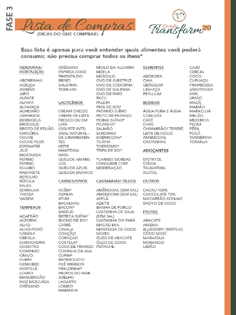 Lista de Compras Transform 20 Fase 3 | PDF